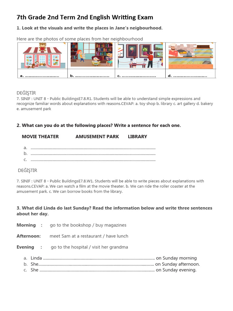 7th Grade 2nd Term 2nd English Writting Exam | PDF | Natural ...
