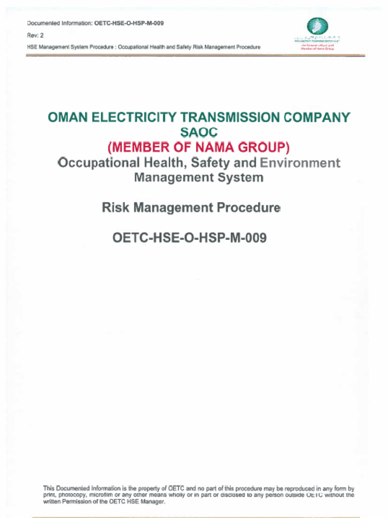 OETC HSE O HSP M 009 Risk Management Procedure | PDF