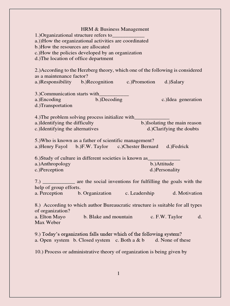 HRM Quiz: Key Concepts and Theories | PDF | Leadership | Human Resource ...