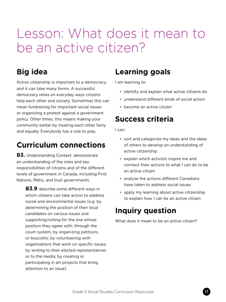 Active Citizenship in Grade 5 Social Studies | PDF | Citizenship ...