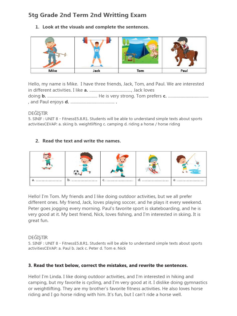 5th Grade 2nd Term 2nd English Writting Exam-A | PDF