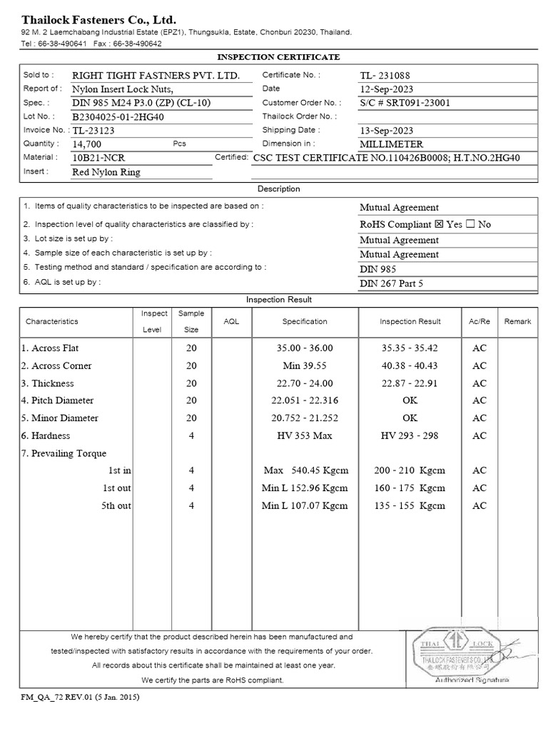 10B21 Exporter Inspection Certificate | PDF | Nut (Hardware)