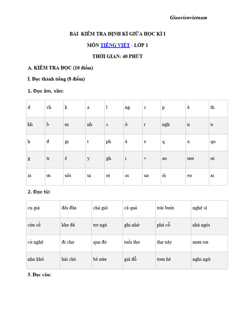 Bo de Thi Giua Ki 1 Mon Tieng Viet Lop 1 | PDF