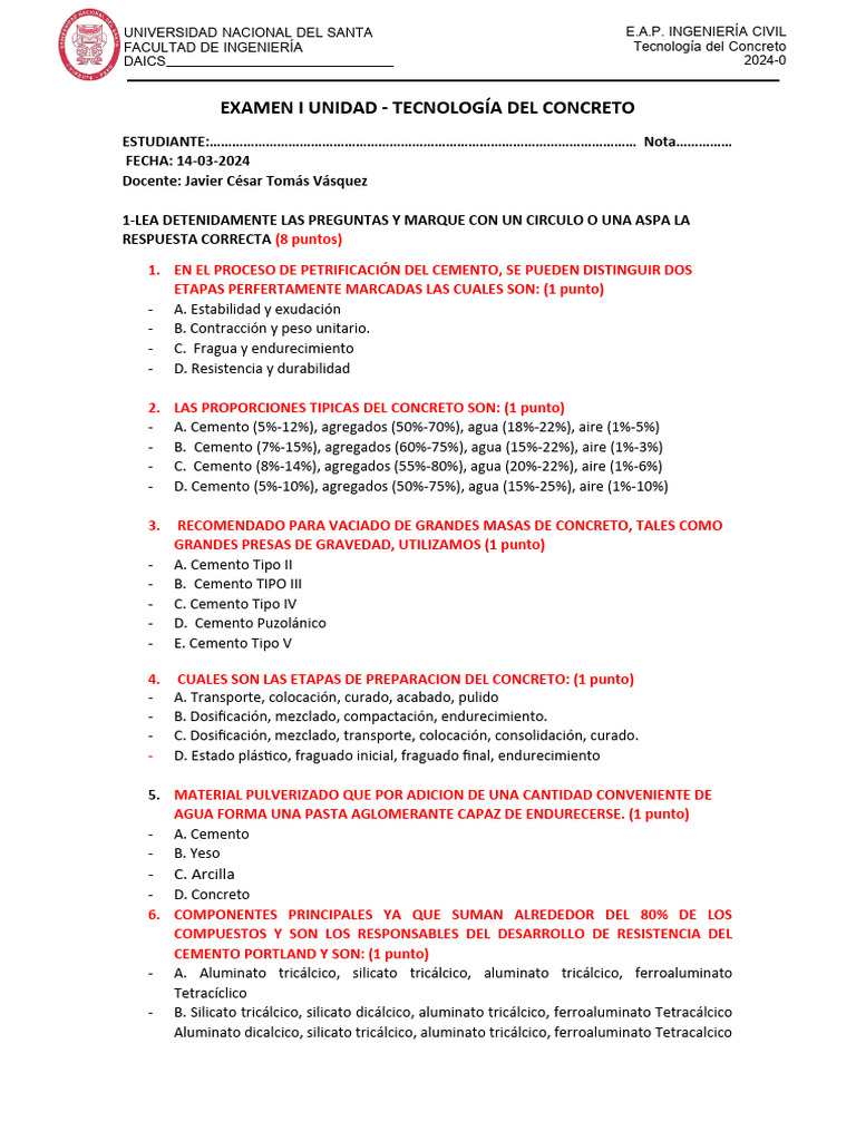 1-EXAMEN TEC DEL C° I UND. 2024-0 | PDF | Hormigón | Cemento