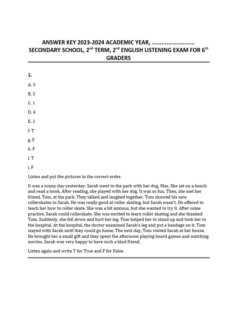 6th Grade English Listening Exam Key | PDF | Art