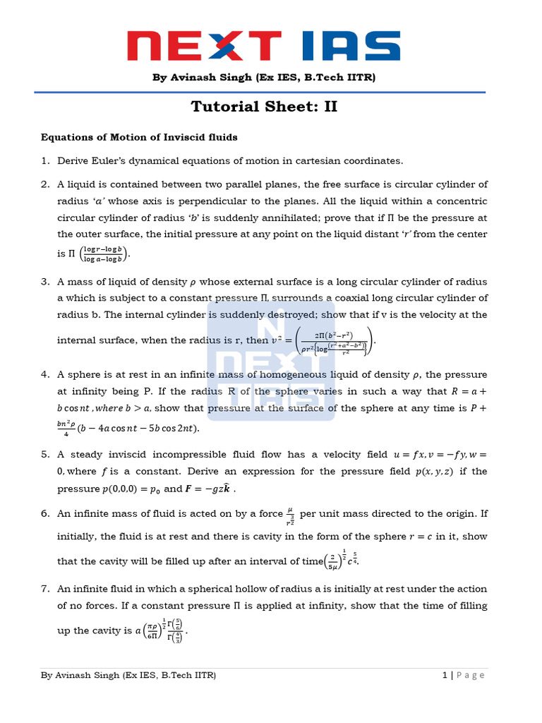 Tutorial Sheet: II: by Avinash Singh (Ex IES, B.Tech IITR) | Download Free PDF | Sphere | Pressure