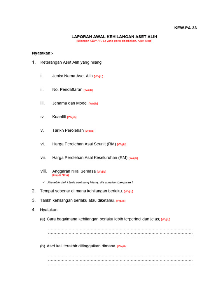 Kew - Pa-33 Laporan Awal Kehilangan Aset | PDF