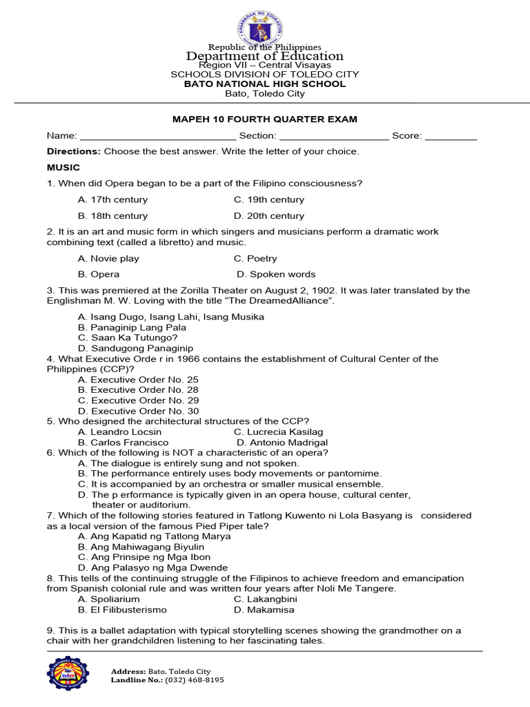 MAPEH 10 4th Quarter Exam | PDF | Theatre | Opera