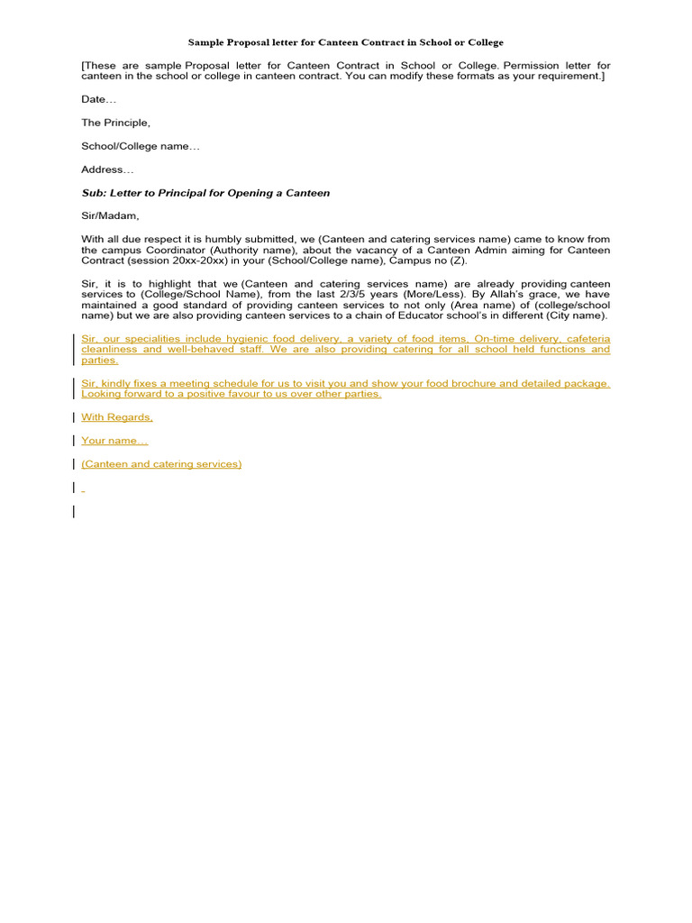 Sample Proposal Letter For Canteen Contract in School or College | PDF ...