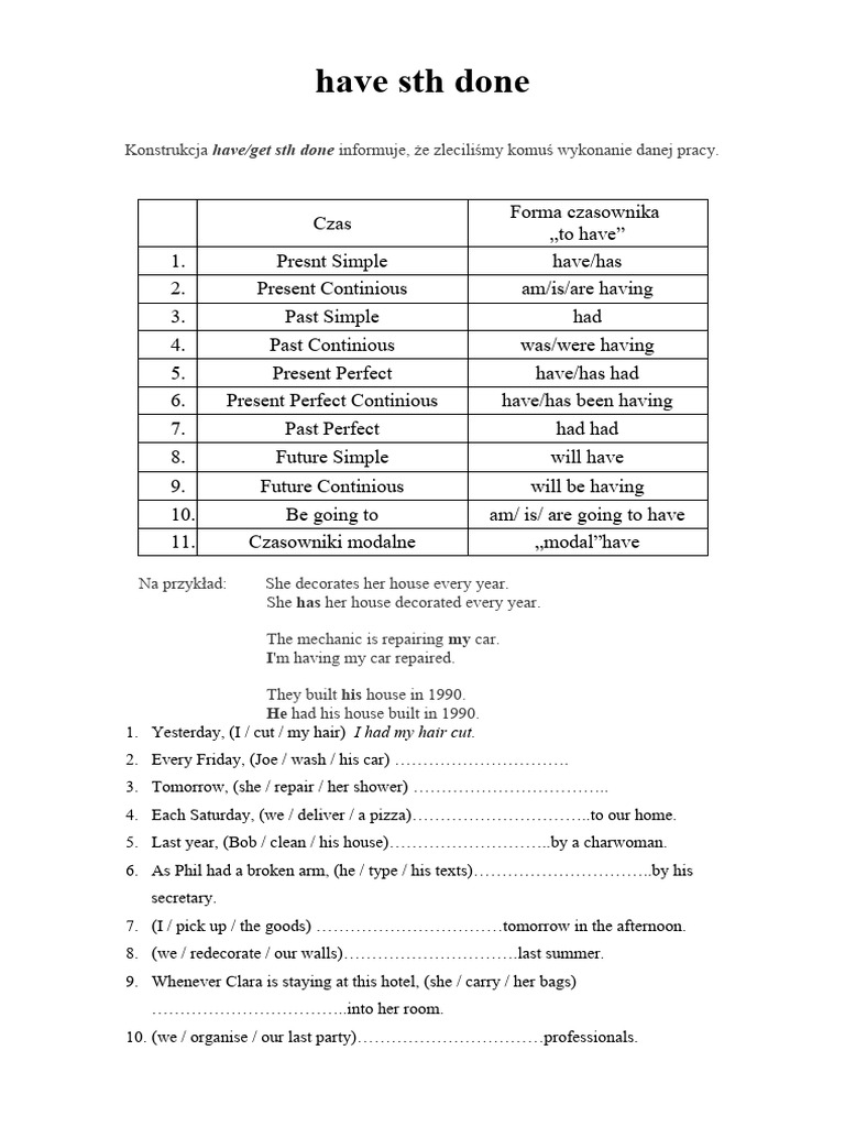 Konstrukcja Have STH Done - Zadania | PDF | Linguistics | Language ...