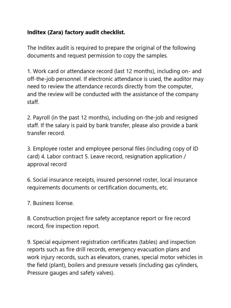 Inditex (Zara) Factory Audit Checklist. | Download Free PDF ...