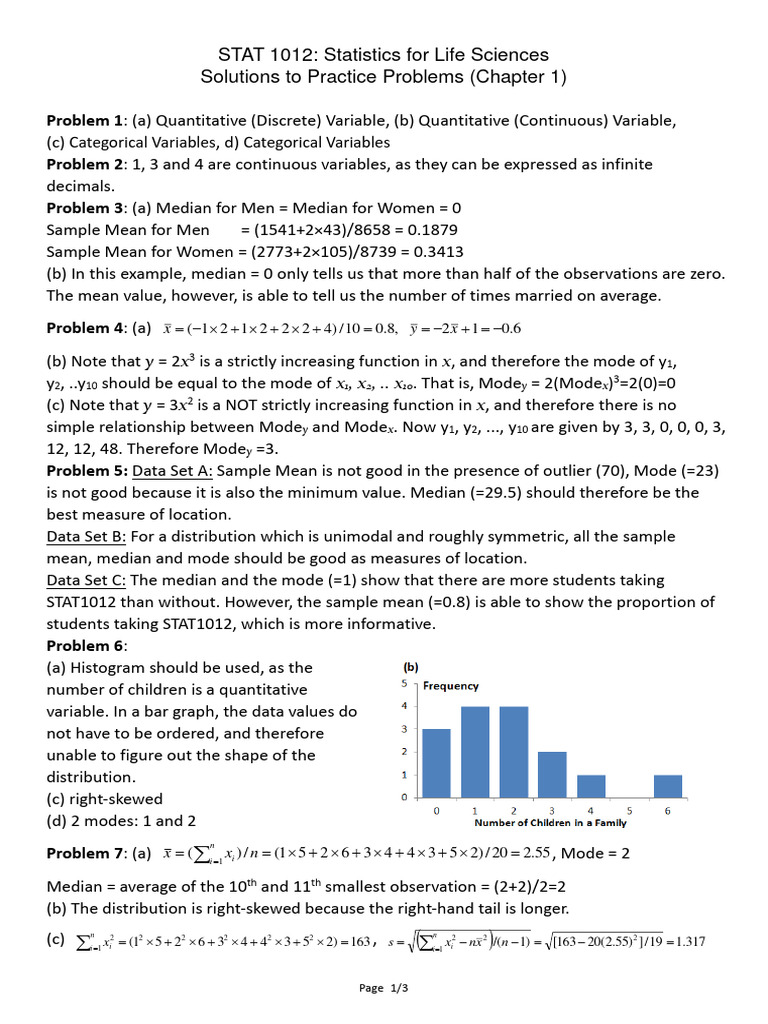 Solutions To Practice Problems - Ch1 | PDF | Mode (Statistics) | Skewness