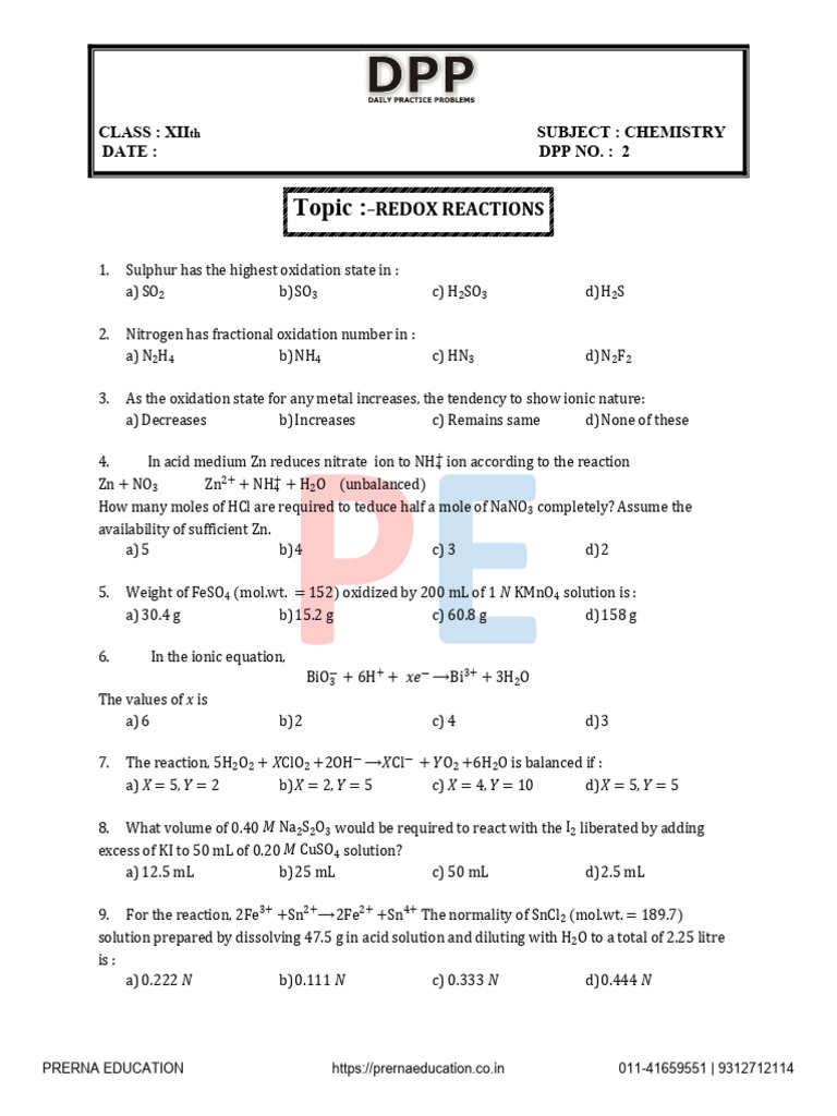 Class XII Chemistry: Redox Reactions Quiz | PDF | Redox | Acid