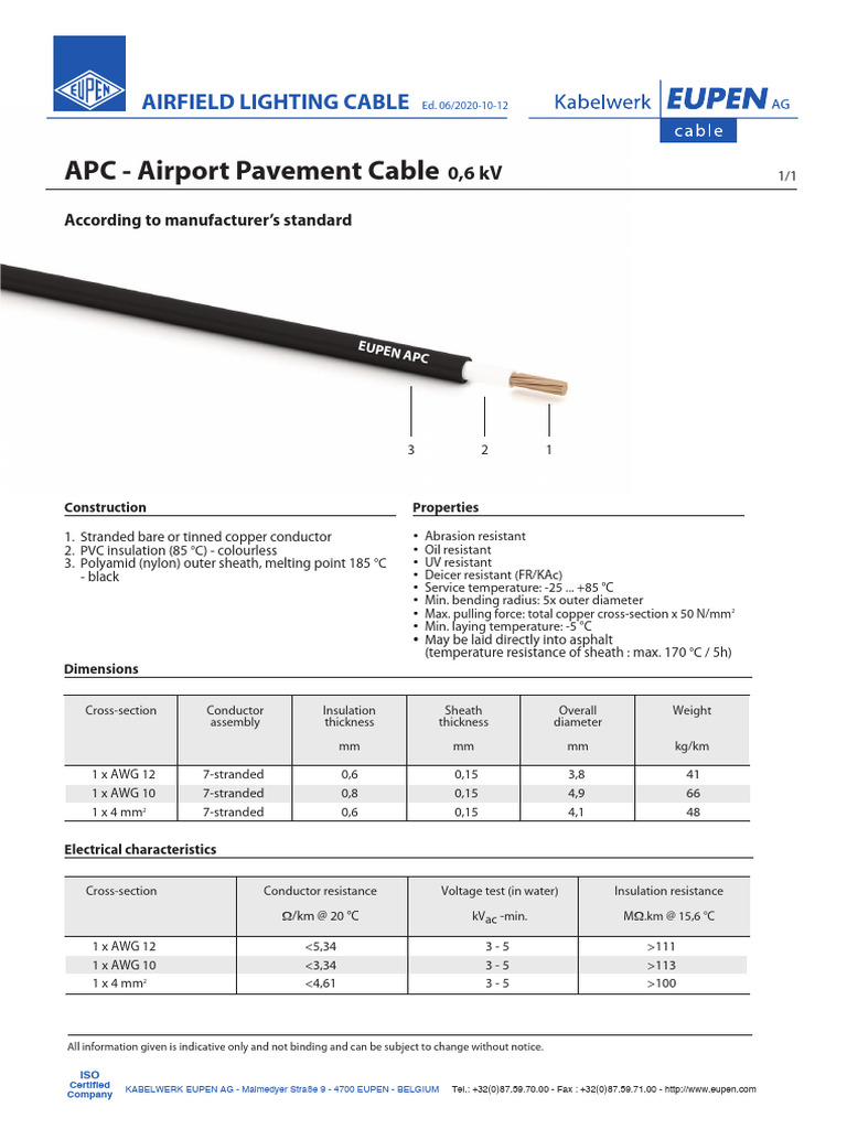 EUPEN Datasheet ALC Airport Pavement Secondary Cable 600V Ed 06 2020-10 ...