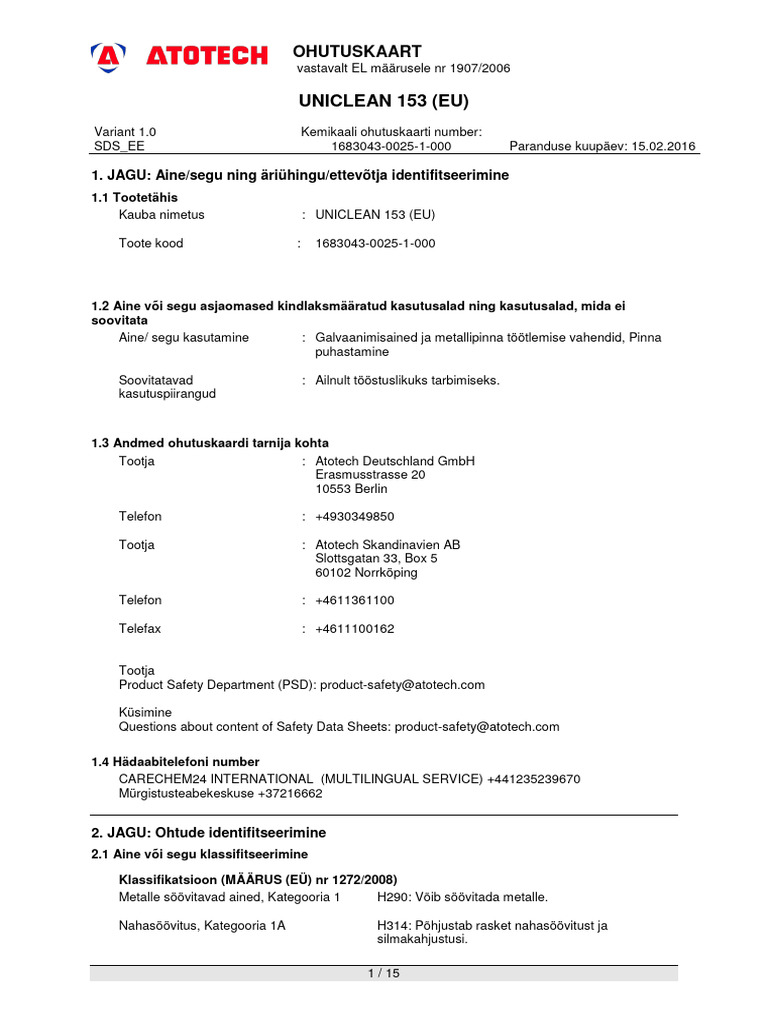 Uniclean 153 (Eu) | PDF