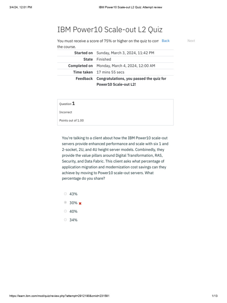 IBM Power10 Scale-Out L2 Quiz - Attempt Review | PDF | Virtualization | Scalability