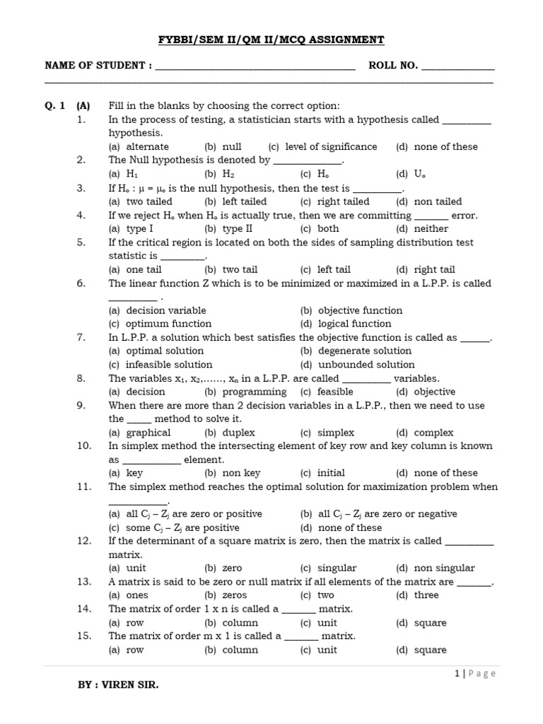 FYBBI SEM II MCQ Question Bank Practice | PDF | Matrix (Mathematics ...