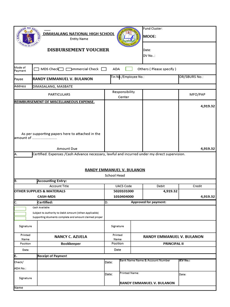 Dimasalang NHS Expense Report | PDF | Cheque | Payments