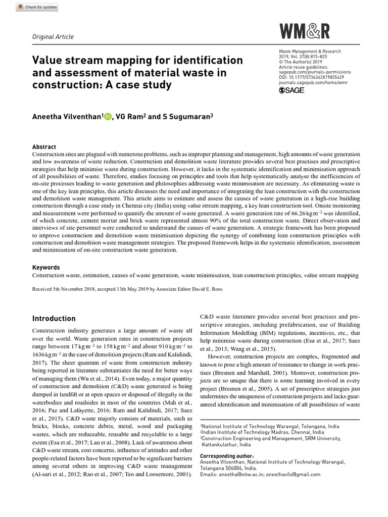 Vilventhan Et Al 2019 Value Stream Mapping For Identification and ...