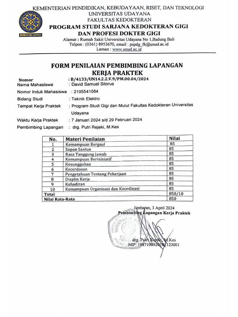 Form Nilai Pembimbing Lapangan KP David Samuel Sitorus TTD | PDF