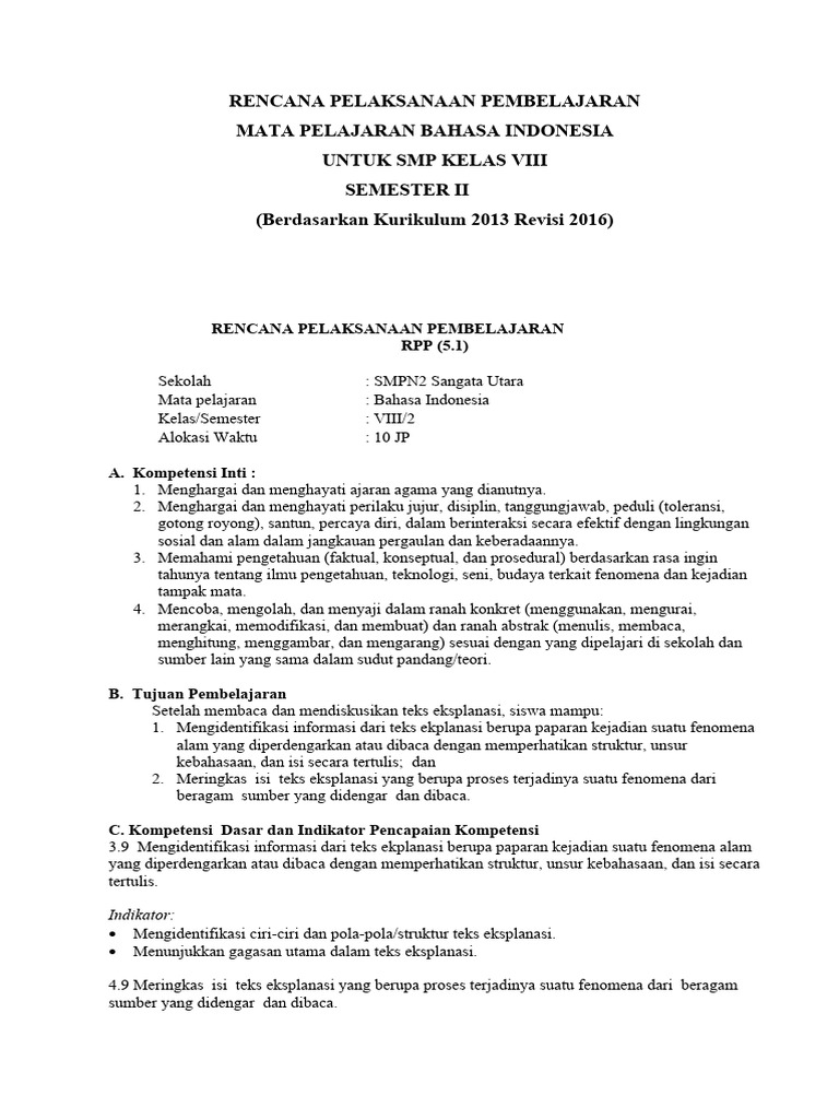 RPP Bahasa Indonesia Kelas VIII: Teks Eksplanasi | PDF