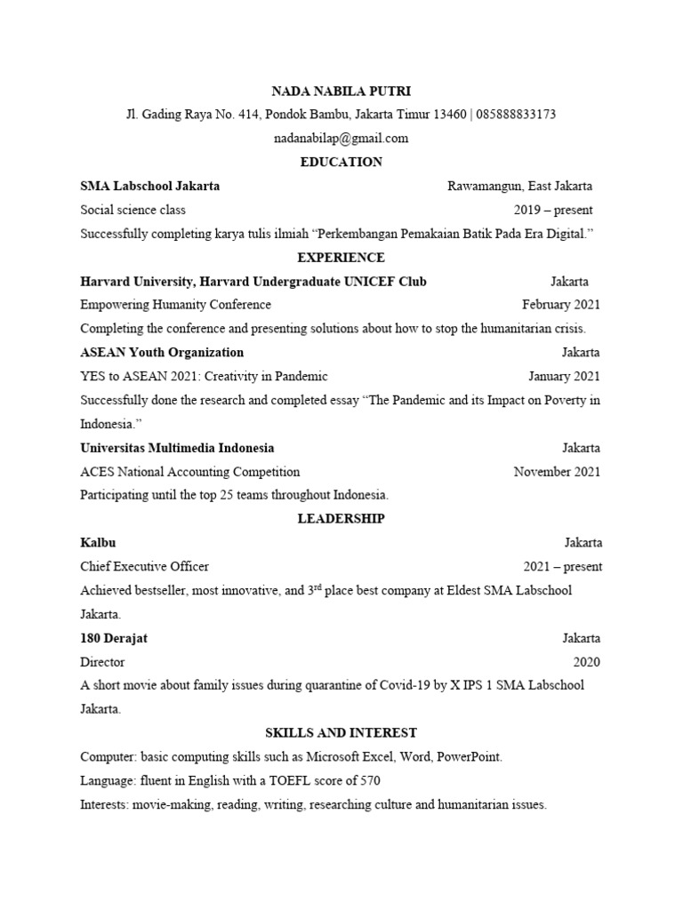 CV and Motivation Letter Nada Nabila Putri | Download Free PDF | Jakarta