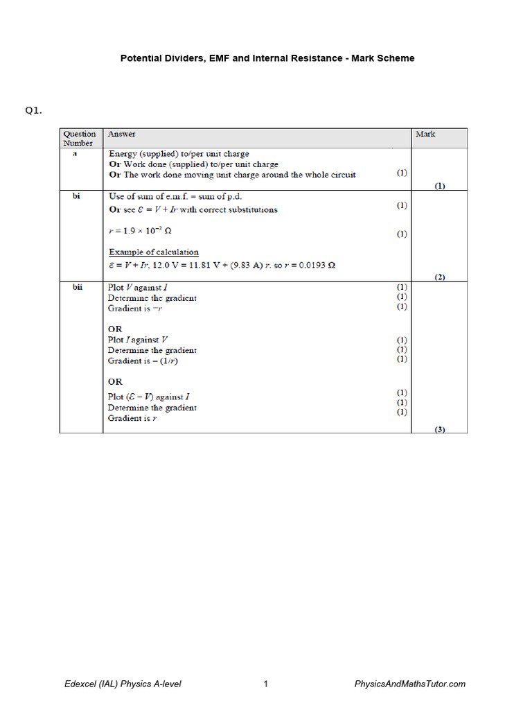 Potential Dividers, EMF and Internal Resistance MS | PDF