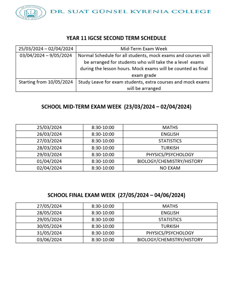 Year 11 A Level Schedule Second Term | PDF | Educational Institutions ...
