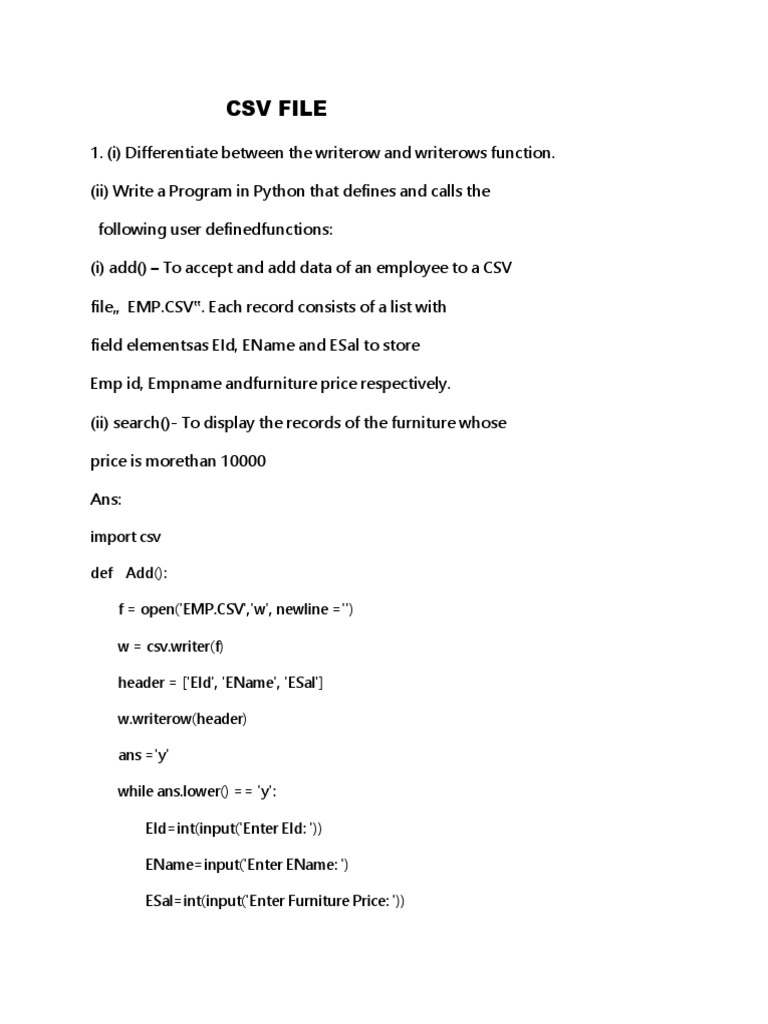 CSV Flie Question Bank Solutions | PDF | Comma Separated Values | Text File