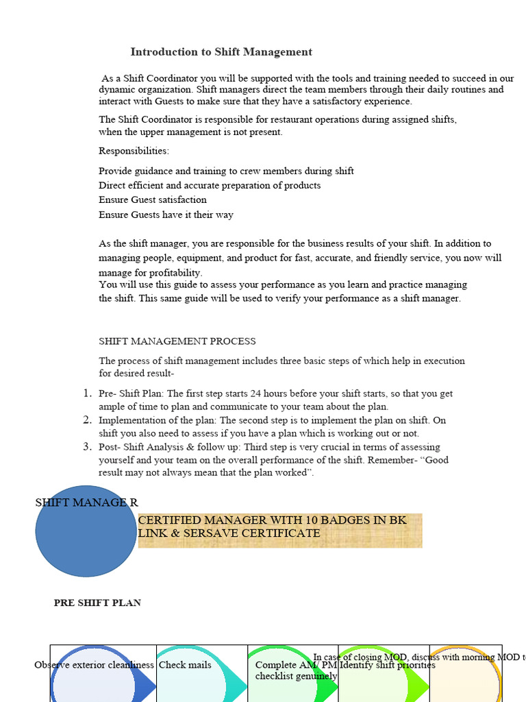 Shift Management Guide for Coordinators | PDF | Food Safety | Foodborne ...