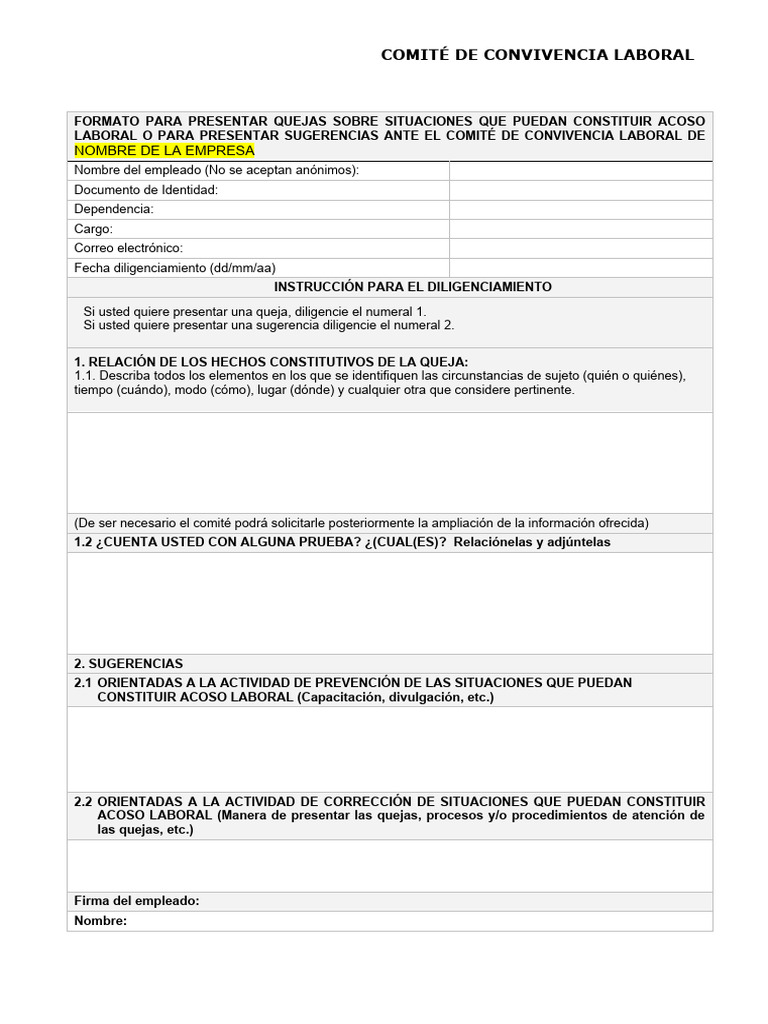 Formato Quejas Comite de Convivencia Laboral | PDF | Finanzas y dinero | Derecho