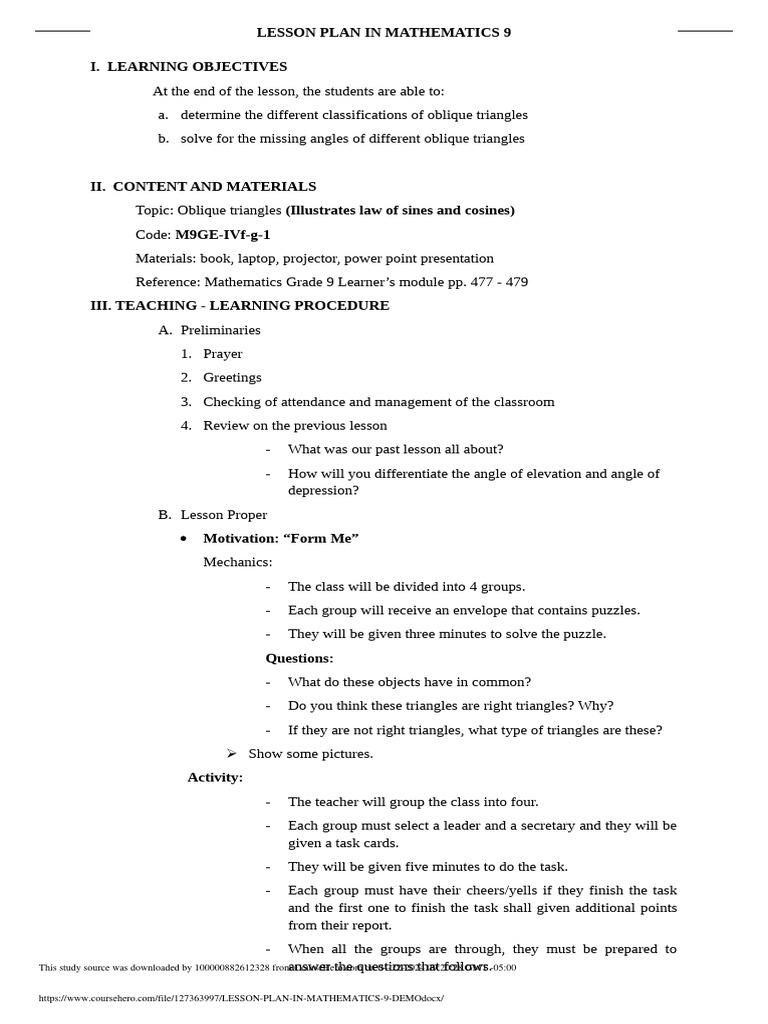 Lesson Plan in Mathematics 9 Demo | PDF | Triangle | Lesson Plan