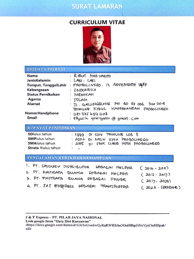 CV Ribut - JNT 2024 | PDF