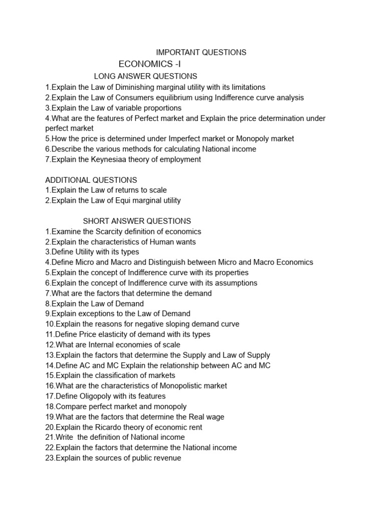 Key Economics Questions for 1st Year | PDF | Economics | Perfect ...