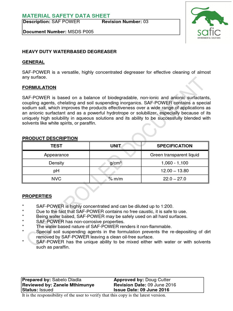 SAF Power Heavy Duty Degreaser MSDS | PDF | Materials | Chemistry
