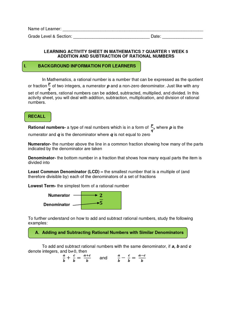 Adding and Subtracting Rational Numbers - Manito - Key Stage 3 | PDF ...