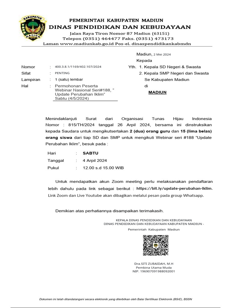 Surat Permohonan Peserta Webinar Tunas Hijau Seri 188 | PDF