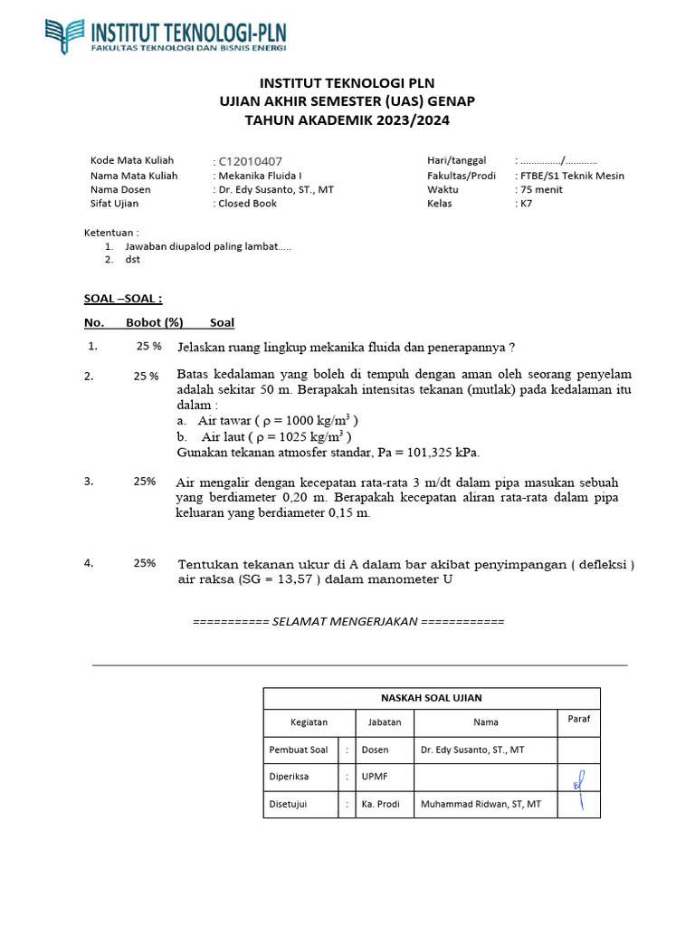 Format Soal UAS 2023 - Mekanika Fluida K7 | PDF
