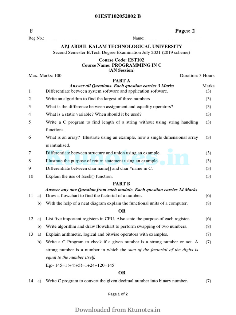 EST102-QP AN-July 2021 | Download Free PDF | Computer Program | Programming