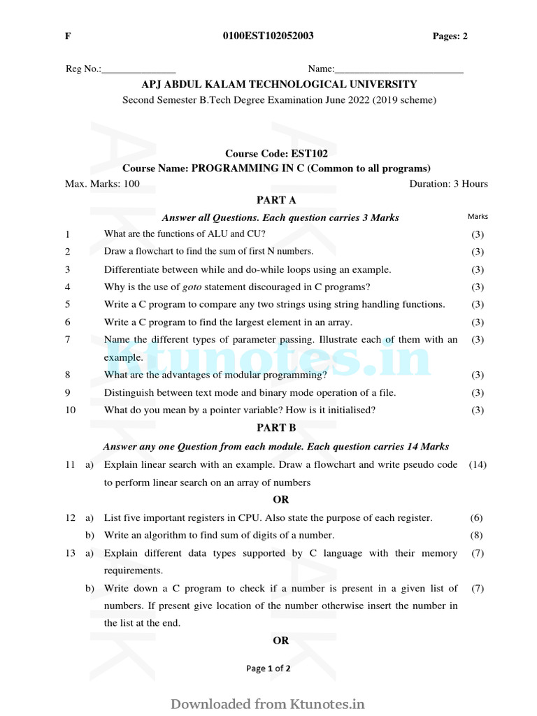 Est102 B June 2022 Pdf C Programming Language String Computer Science 8256