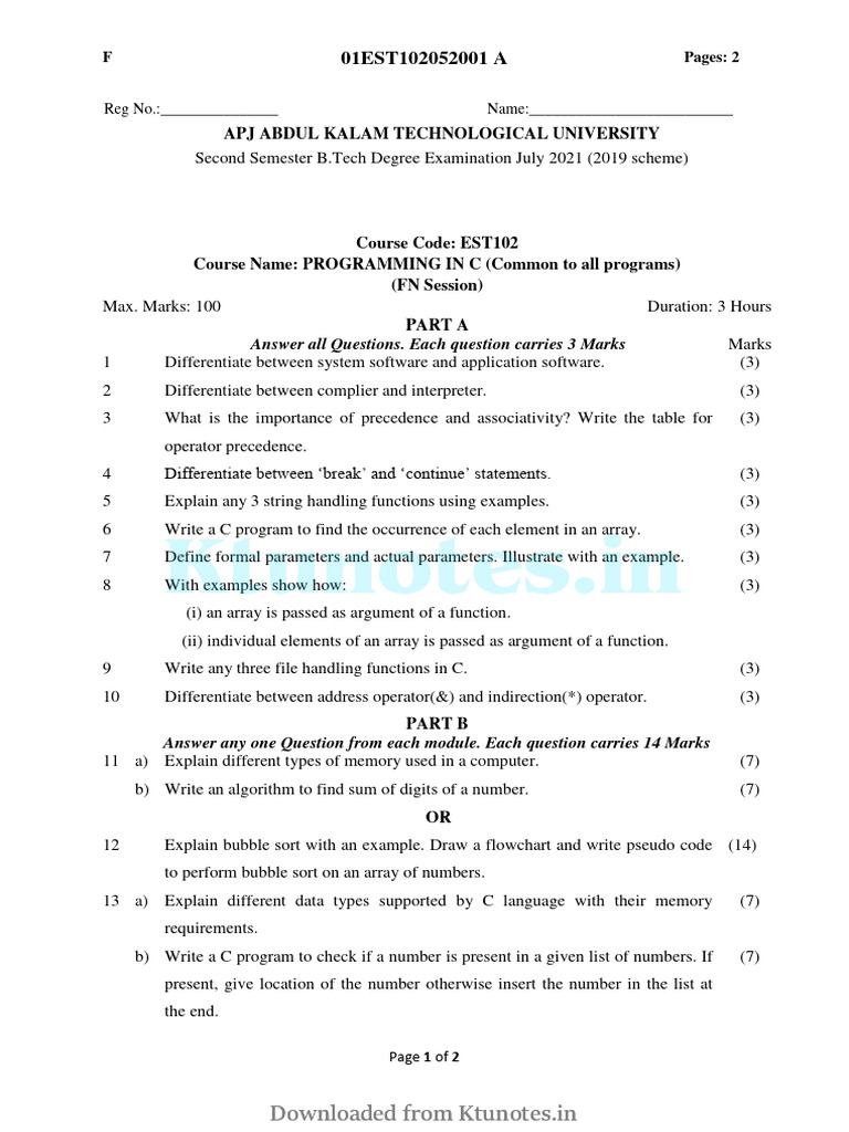 EST102-QP-FN - July 2021 | PDF | Computer Program | Programming