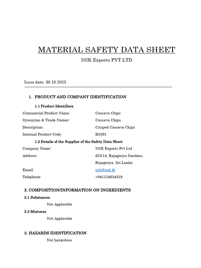 Cassava Chips MSDS | PDF | Safety | Occupational Safety And Health