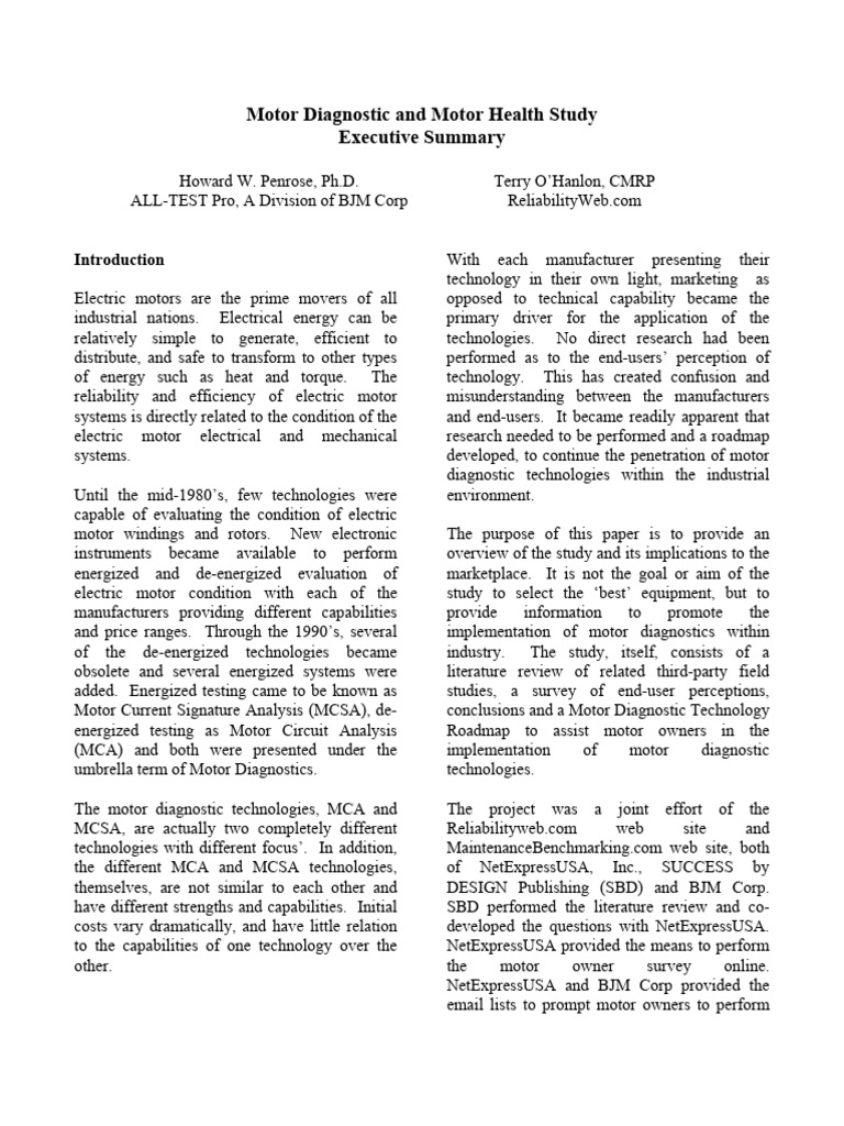 Motor Diagnostic and Motor Health Study Exec Summary | PDF | Reliability Engineering | Electric ...