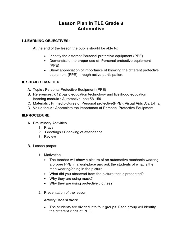 Lesson Plan in TLE Grade 8 RQA | PDF | Personal Protective Equipment ...