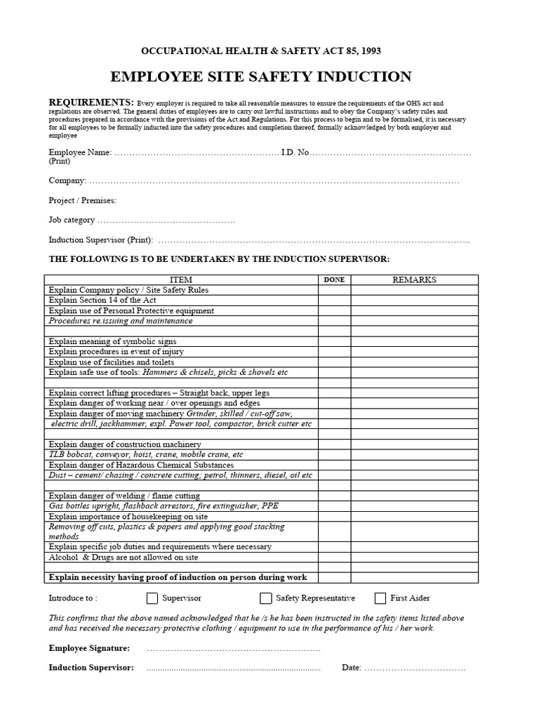 Employee Site Safety Induction | PDF | Occupational Safety And Health ...