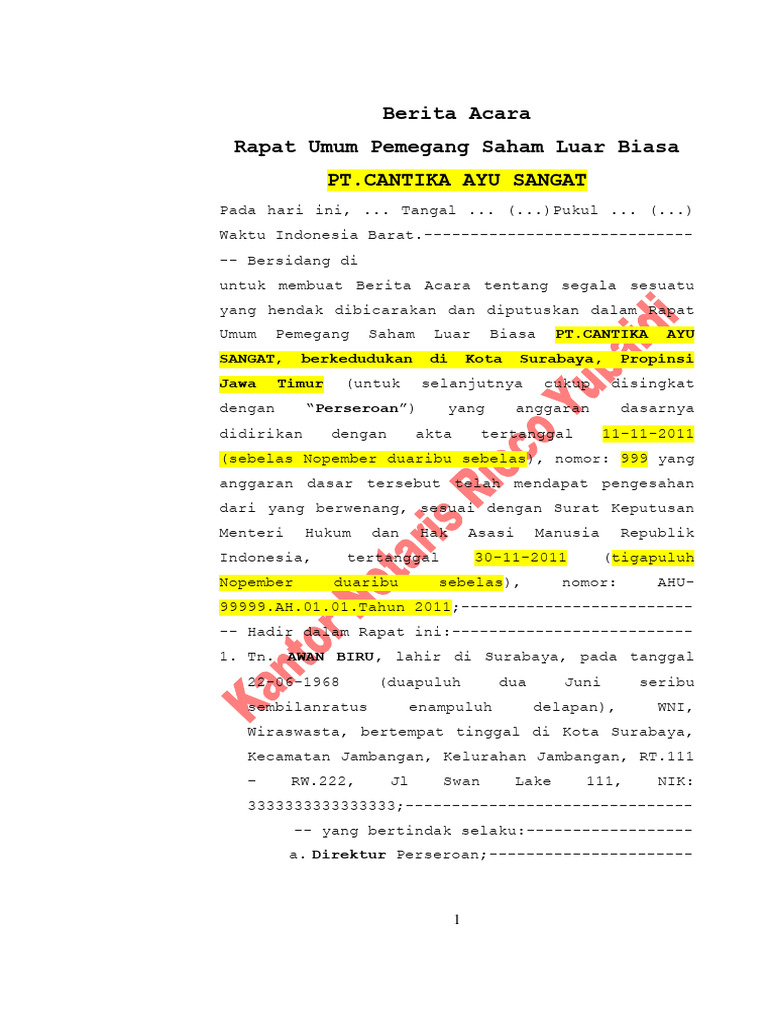 Contoh Berita Acara RUPS Di Bawah Tangan | PDF