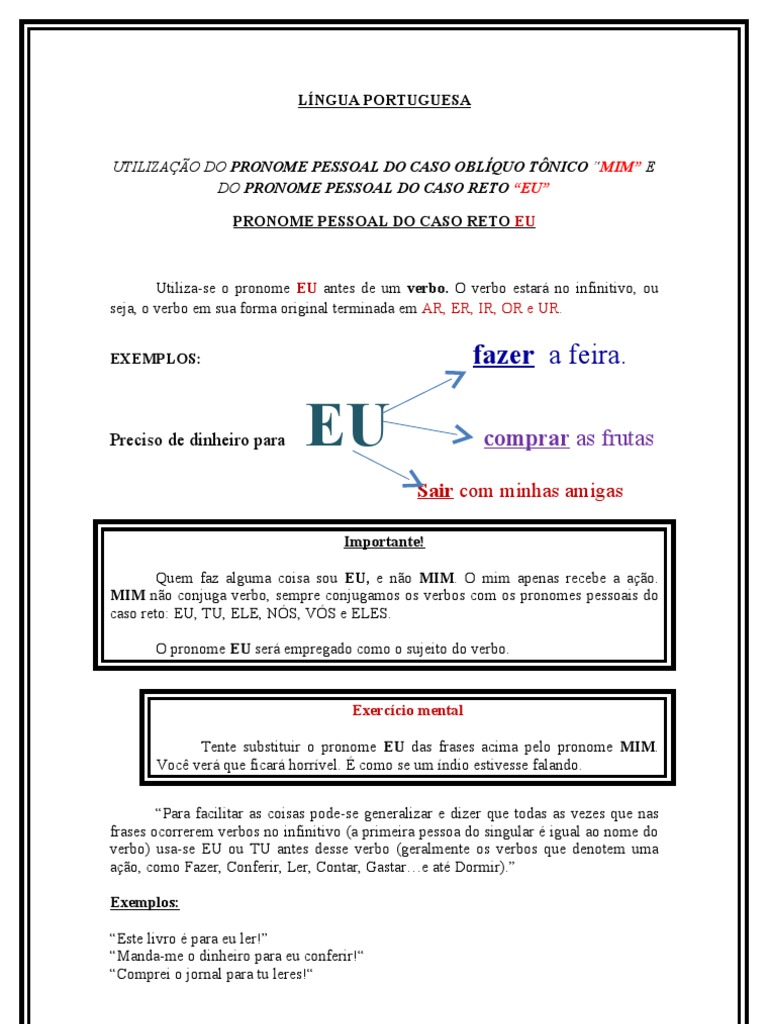 Uso de "Eu" e "Mim" na Língua Portuguesa | PDF | Pronome | Assunto ...
