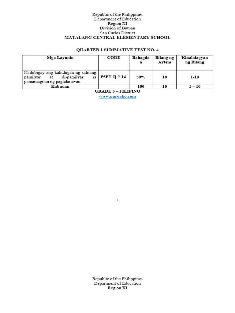 q1 ST 4 Gr.5 Filipino With Tos | PDF
