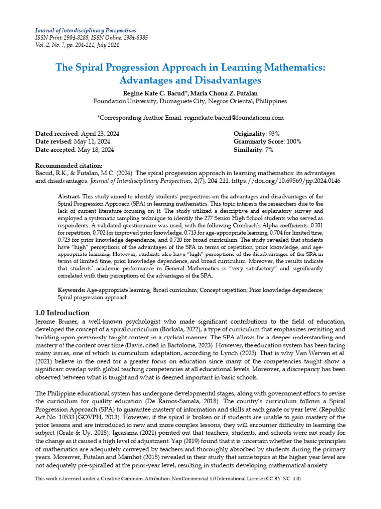 The Spiral Progression Approach in Learning Mathematics Advantages and ...