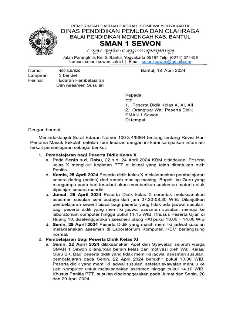 Edaran KBM Dan Susulan 22 April | PDF